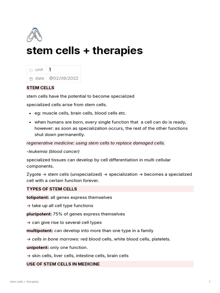Stem Cells + Therapies | PDF | Bone Marrow | Cell Potency