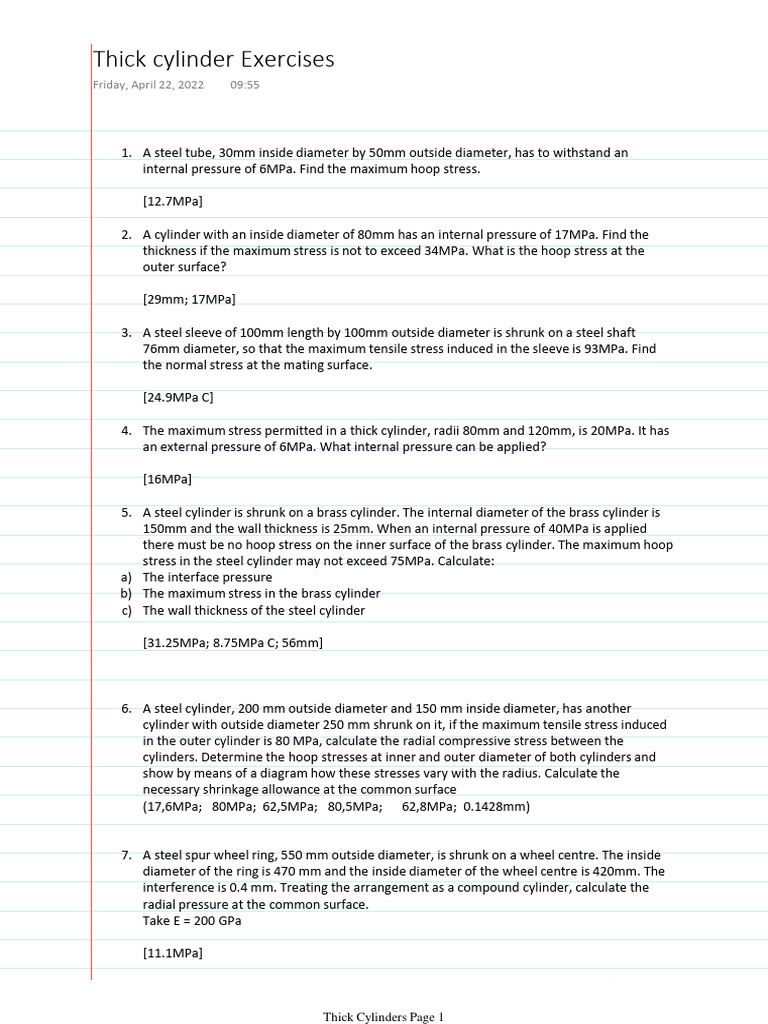Thick cylinder Exercises(1) | PDF | Stress (Mechanics) | Mechanics