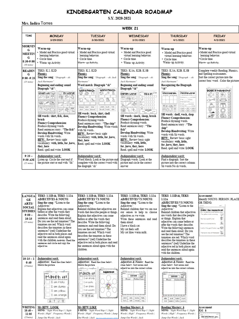 Kindergarten Calendar Roadmap Week 26 | PDF | Adjective | Reading ...