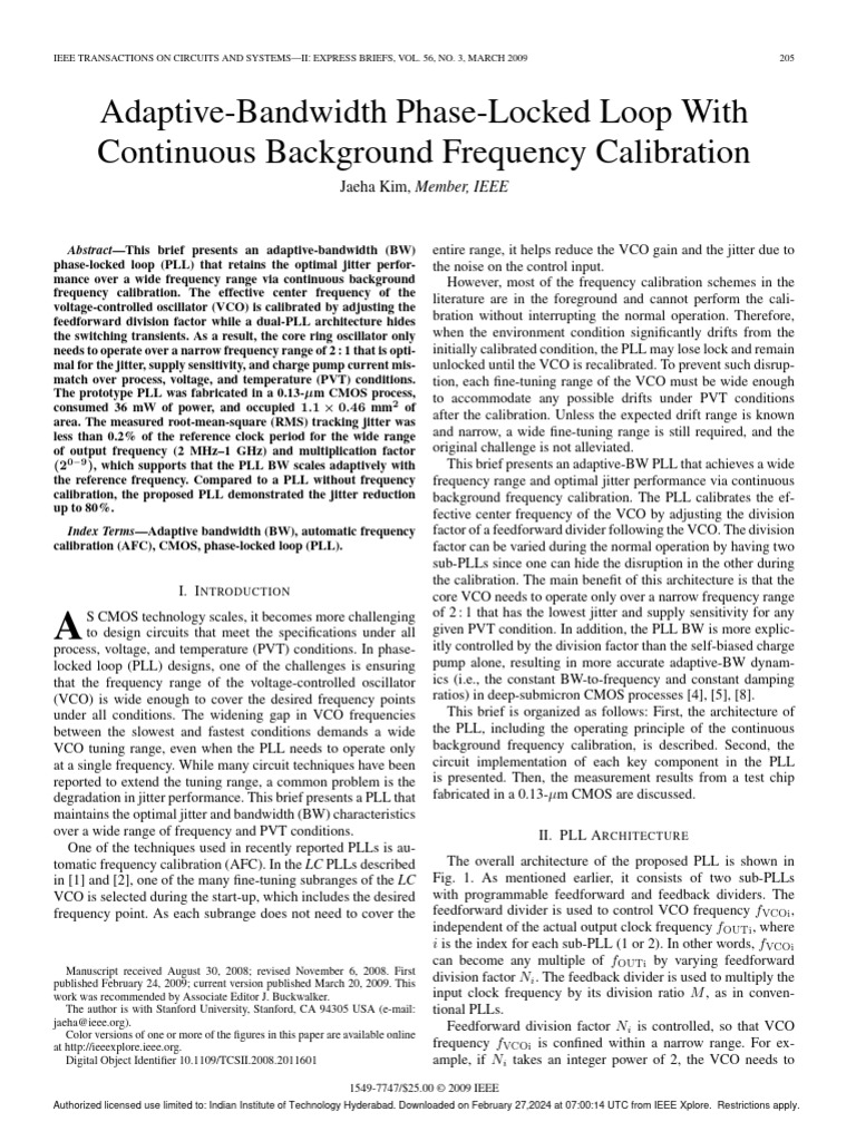 Adaptive Bandwidth Phase Locked Loop With Continuous Background Frequency Calibration 2009 Pdf