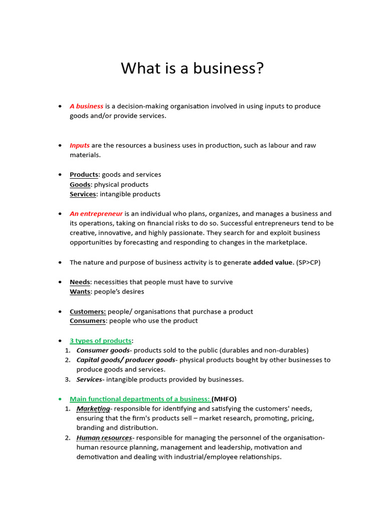 What is a Business notes | PDF | Product (Business) | Goods