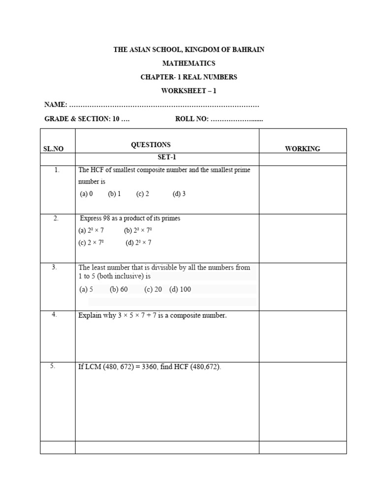 Grade 10 Real Numbers Worksheet | PDF | Numbers | Reason