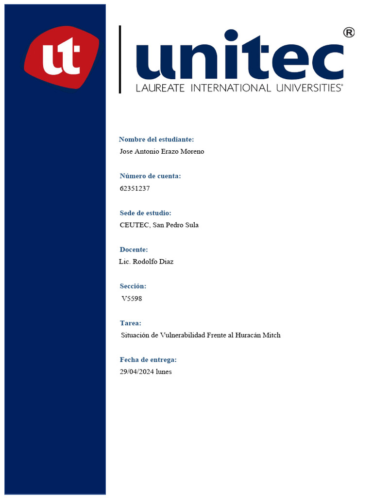 Tareas2 - Vulnerabilidad Frente Al Huracan Mitch - Jose Moreno | PDF ...