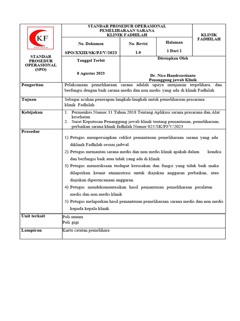 Ep 3 Sop Pemeliharan Inventaris Non Medis KF | PDF | Teknologi & Rekayasa