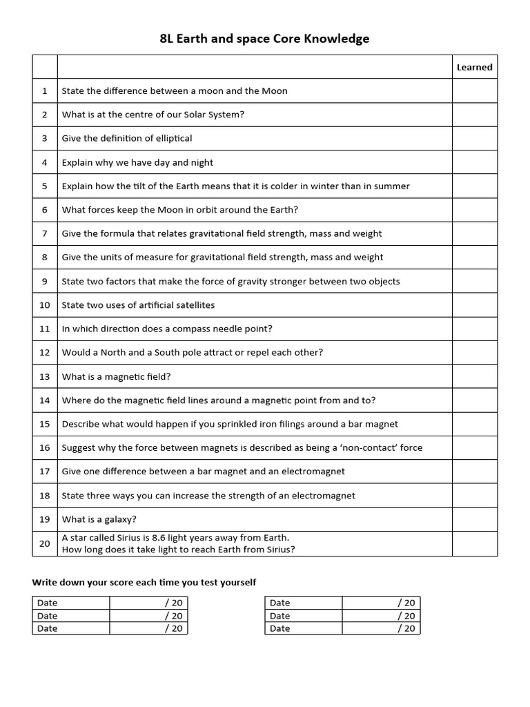 8L Earth and Space Core Knowledge | PDF | Earth | Gravity