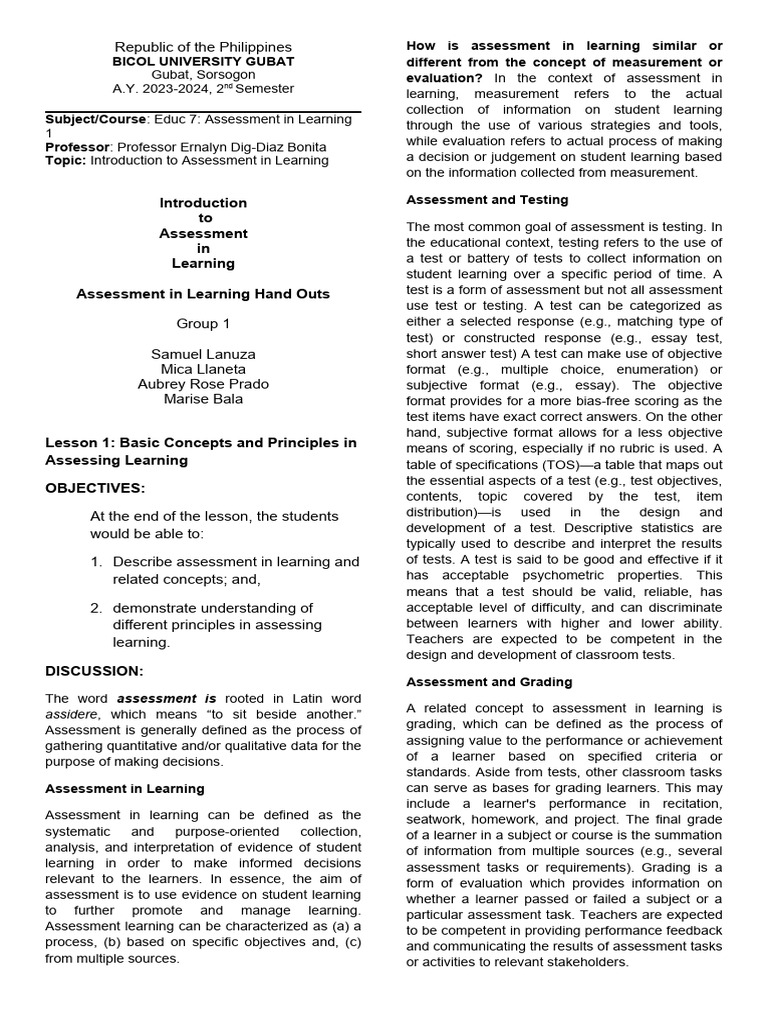 Handouts - Group 1 - Ail 1 | PDF | Educational Assessment | Learning