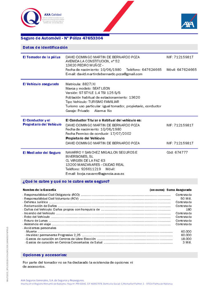Martin de Bernardo Poza, David Domingo - Resumen Poliza Autos 2023 | PDF | Seguro de vehículo ...
