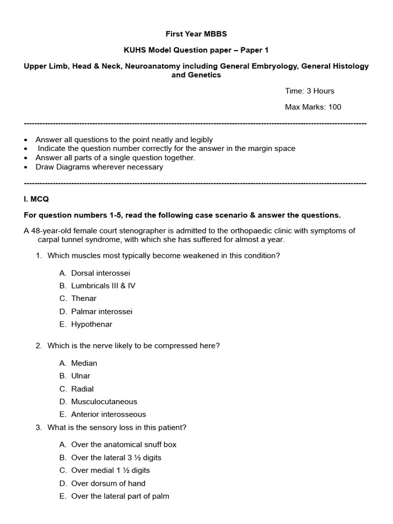 Anatomy MBBS Model Question Paper 1 | PDF | Hand | Anatomy