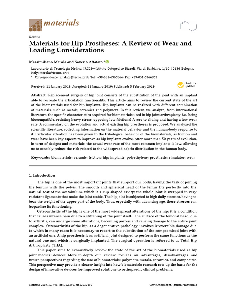 Materials For Hip Prostheses-A Review of Wear and Loading ...