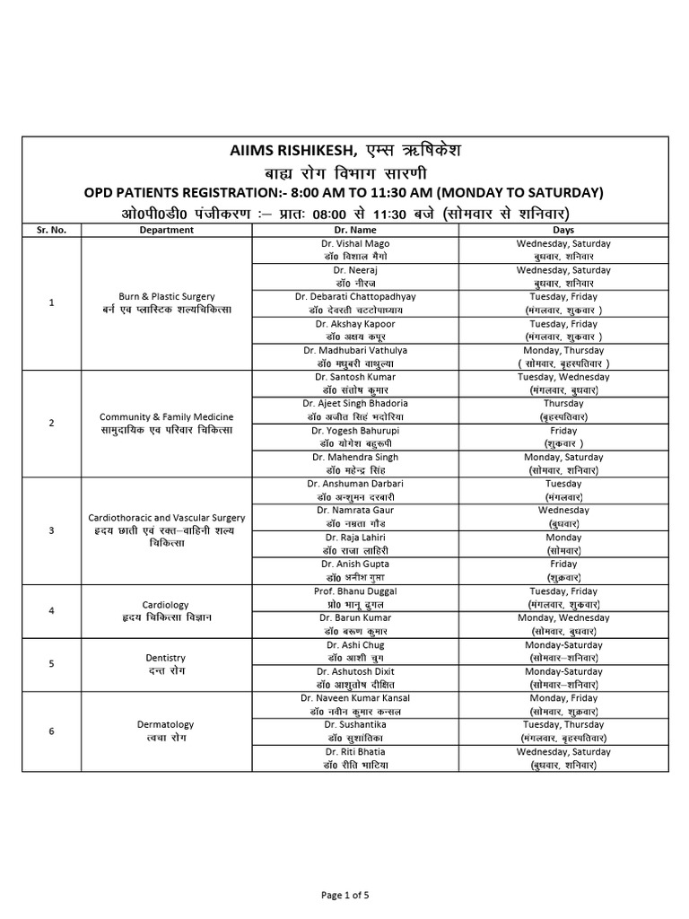 OPD Schedule Updated On 01.11.2023-1 | PDF | Medicine | Clinical Medicine