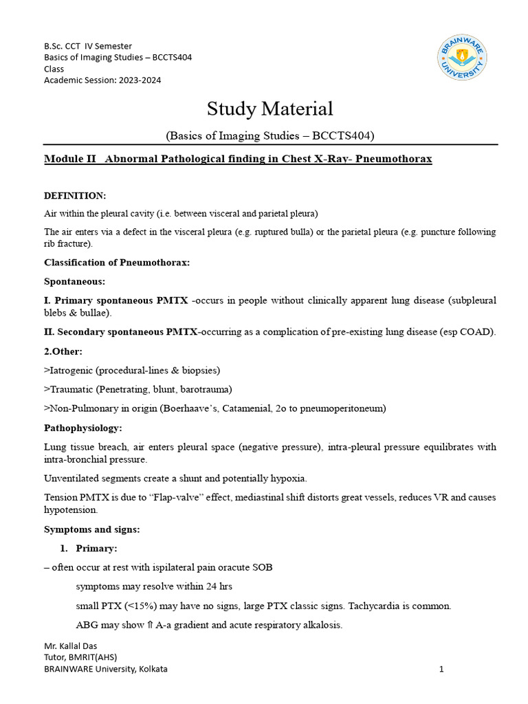 Study Material - BCCTS404 - Module II - Abnormal Pathological Finding in Chest X-Ray ...