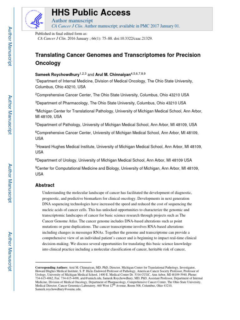 Translating Cancer Genomes and Transcriptomes For Precision Oncology ...