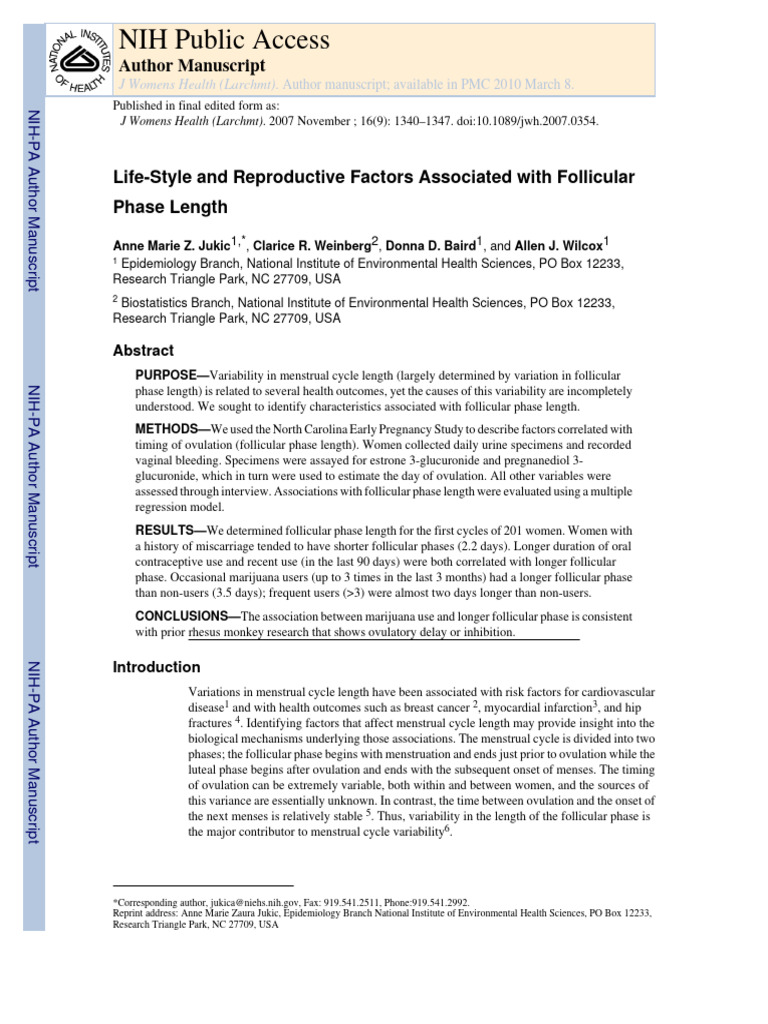 Life Style And Reproductive Factors Associated With Follicular Phase Length Pdf Menstrual