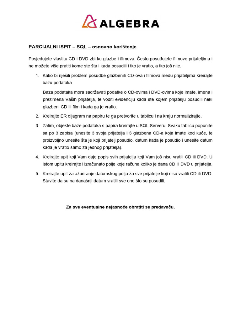 SQL - Osnovno Korištenje - Parcijalni Ispit | PDF