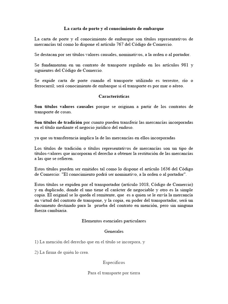 La Carta de Porte y El Conocimiento de Embarque | PDF | Guía de carga
