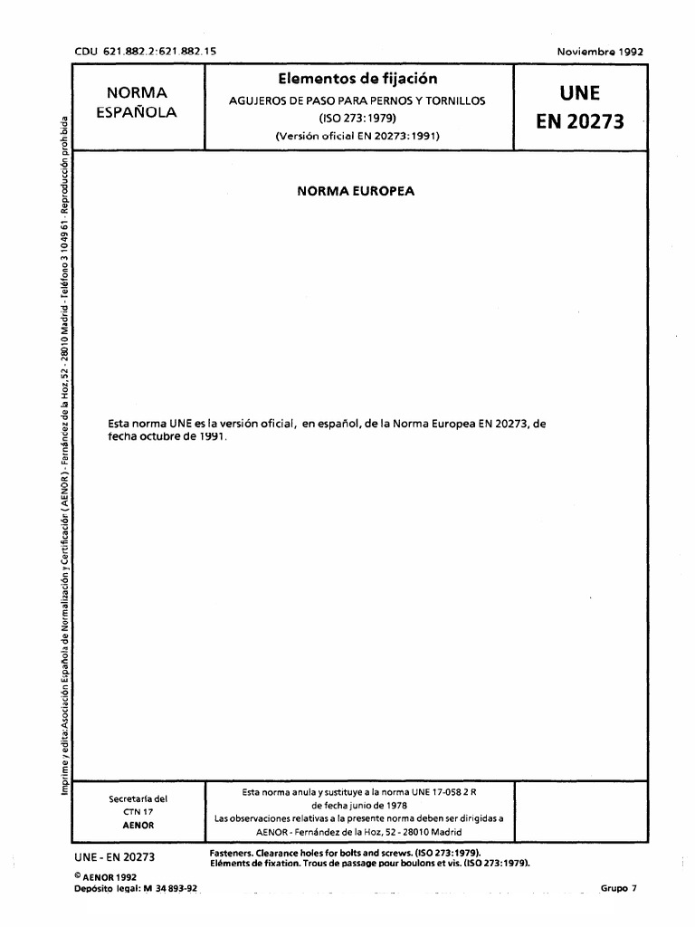 UNE-EN 20273 1992 Elementos de Fijación. Agujeros de Paso para Pernos y ...