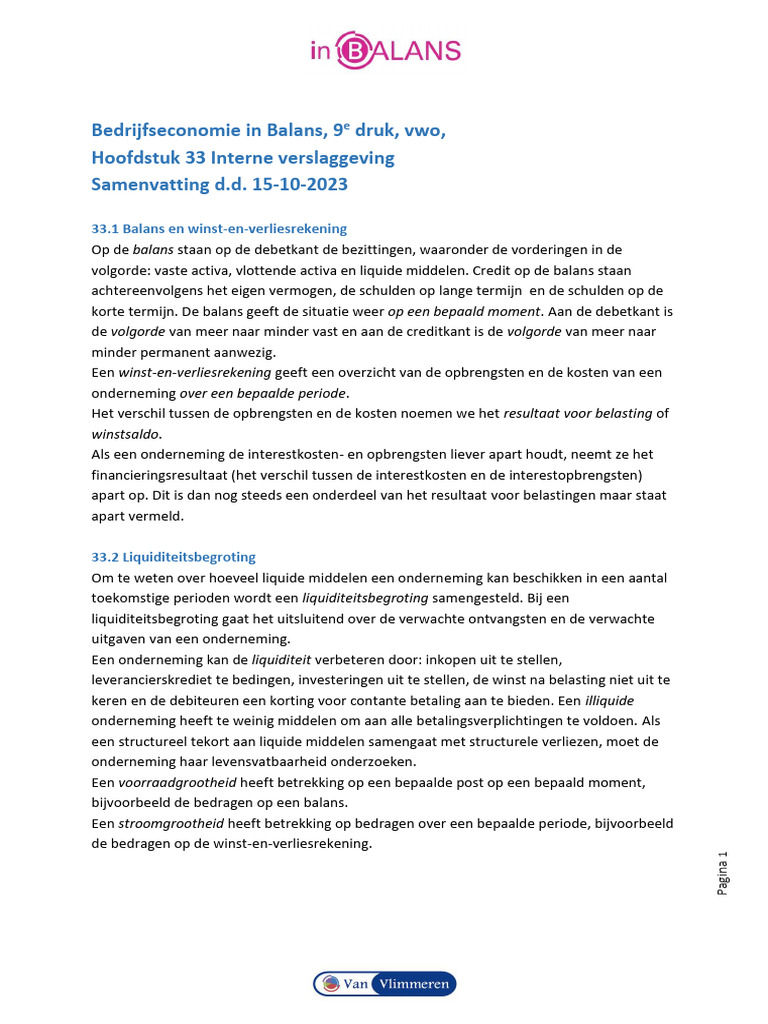 Bedrijfseconomie in Balans, 9e Druk, Vwo, Hoofdstuk 33 Interne ...