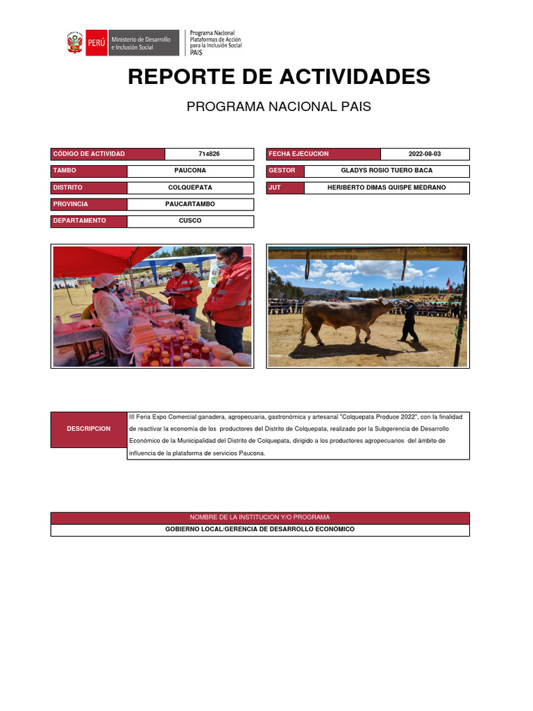 Reporte de Actividades: Programa Nacional Pais | PDF