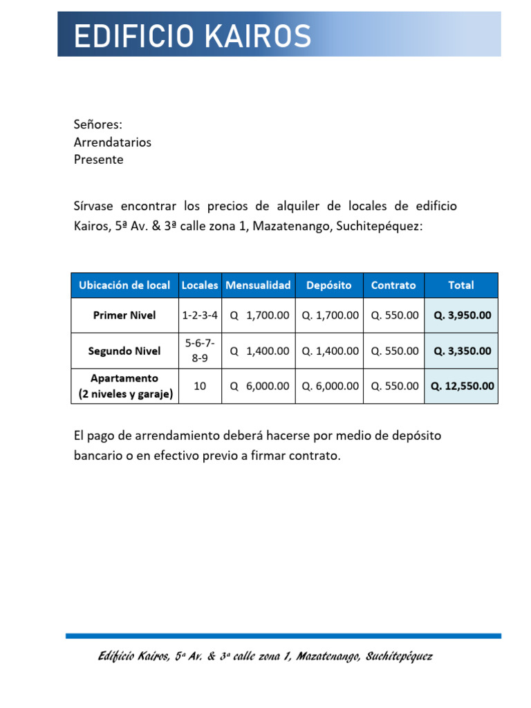 Precios Locales Edificio Kairos | PDF