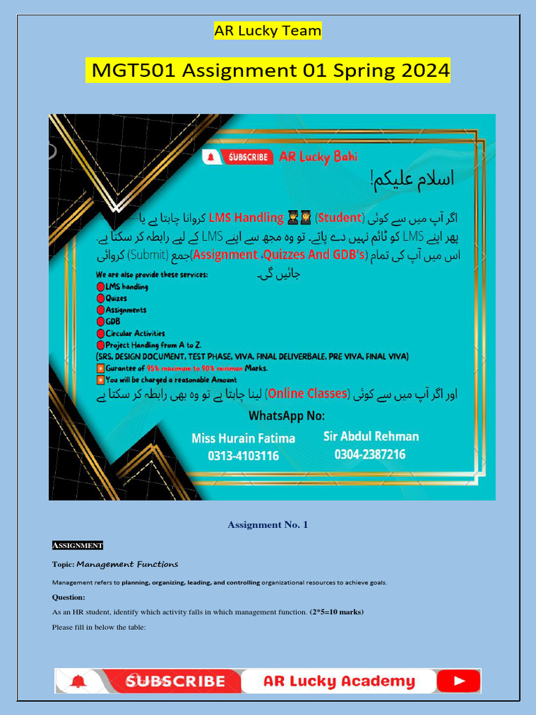 Mgt501 Assignment 01 Spring 2024 Download Free Pdf Business