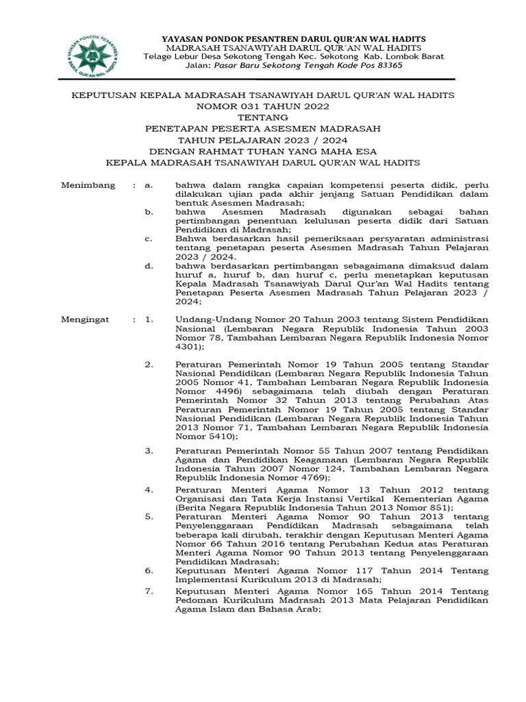 SK Peserta Asesmen Madrasah Madrasah Tahun 2023 | PDF