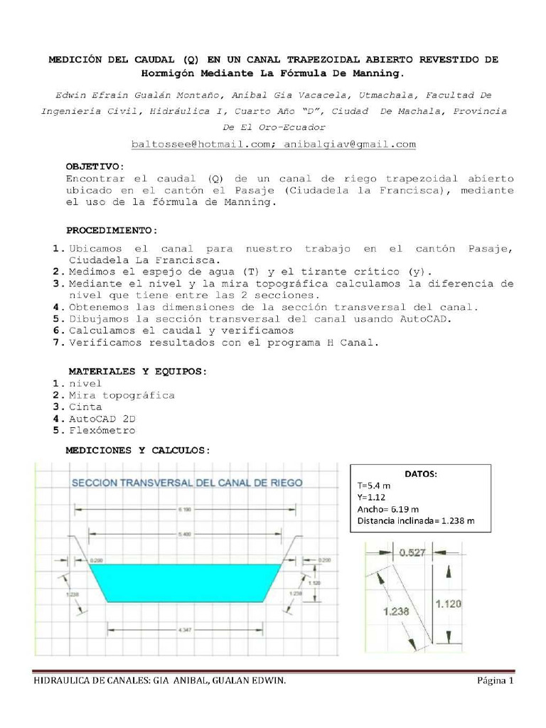 PDF Calculo de Caudal Formula de Manning Canal Hidraulica - Compress | PDF