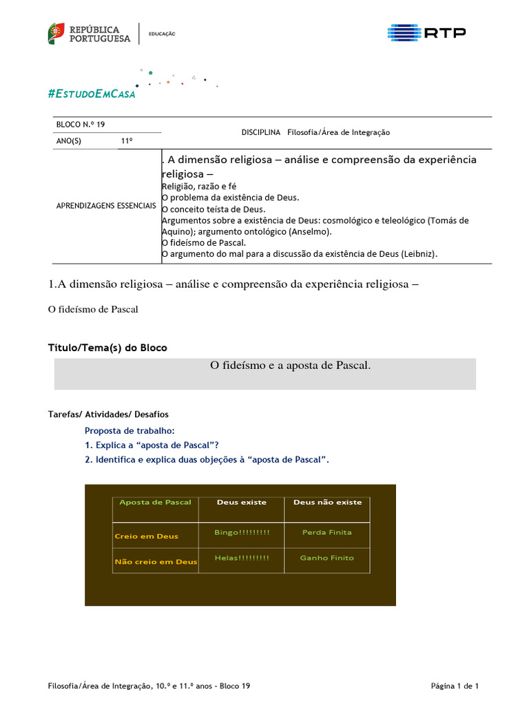 19 - Filosofia - 10º e 11º Anos - O Fideísmo e A Aposta de Pascal | PDF ...