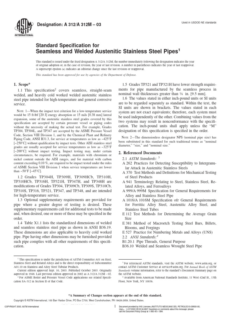 Astm A312 | PDF | Pipe (Fluid Conveyance) | Stainless Steel