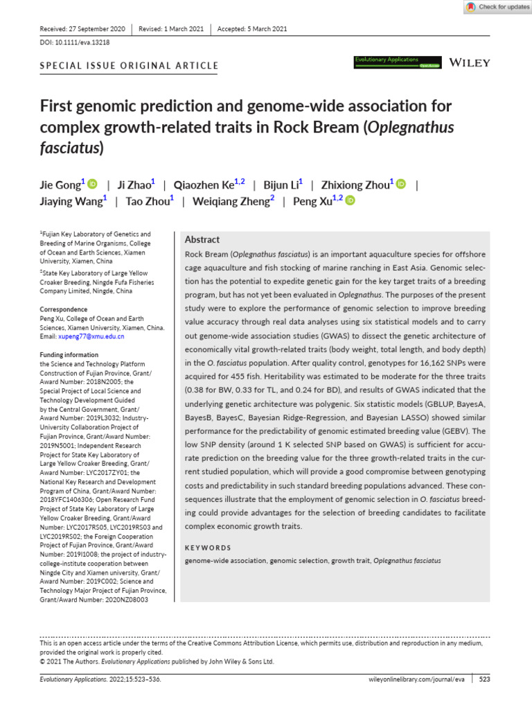 Evolutionary Applications - 2021 - Gong - First Genomic Prediction and Genome Wide Association ...