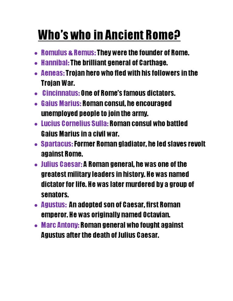 Who's Who in Ancient Rome?: Romulus & Remus: Hannibal: Aeneas | PDF ...