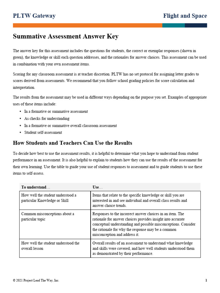 PLTW Flight and Space Assessment Key | PDF | Educational Assessment ...