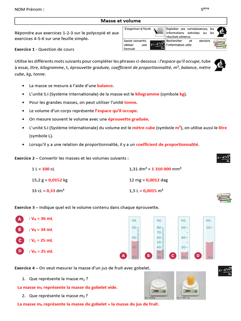 Exercices sur Masse et Volume 5ème | PDF | Kilogramme | Masse