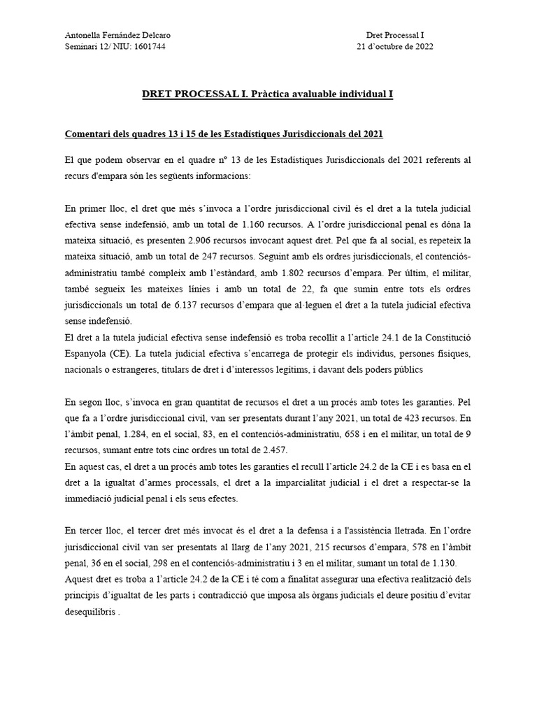 Dret Processal. Práctica Individual I | PDF