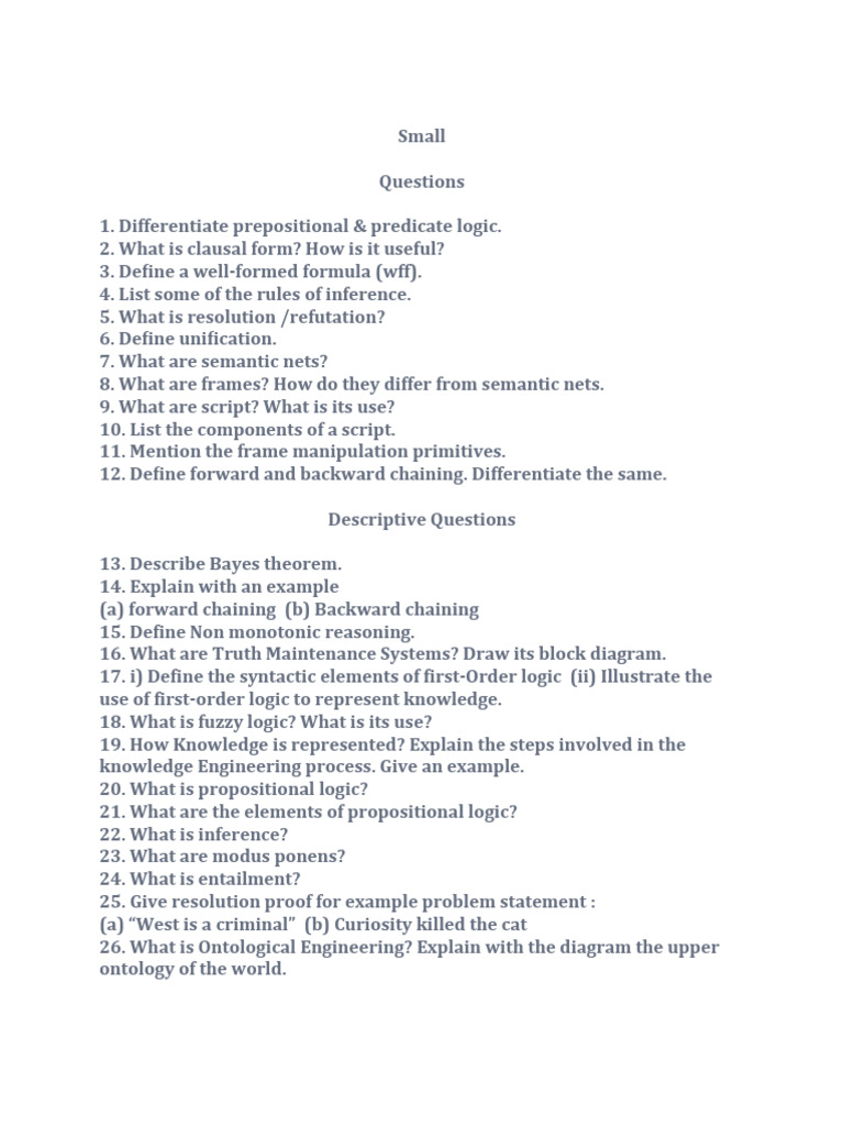 Unit 2 Question Bank - AI | Download Free PDF | Logic | Logical Consequence
