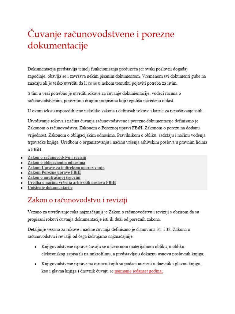 Čuvanje Računovodstvene I Porezne Dokumentacije | PDF