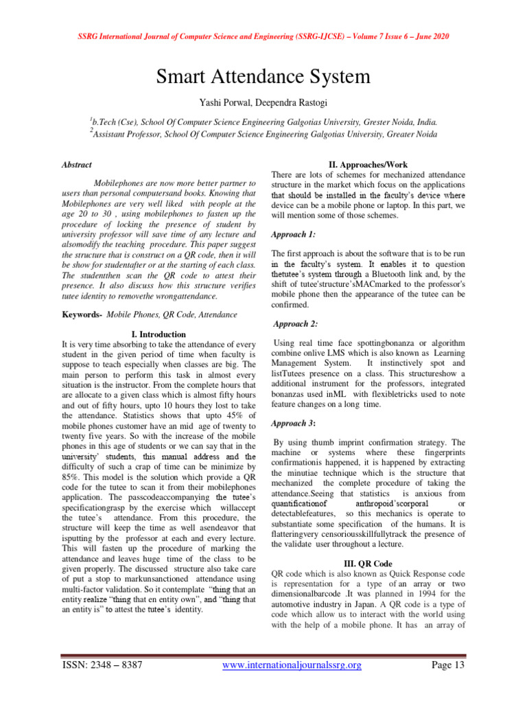 Smart Attendance System | PDF | Qr Code | Mobile App