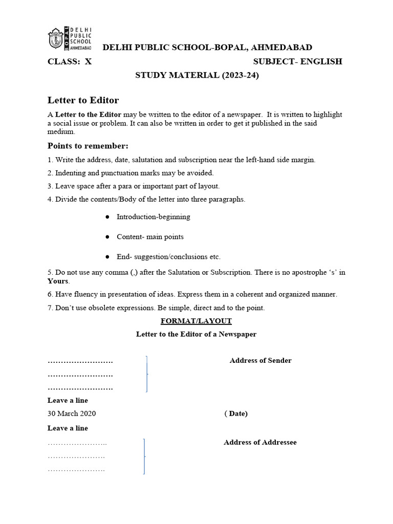 Letter to Editor Format for Class 10 | PDF | Driving