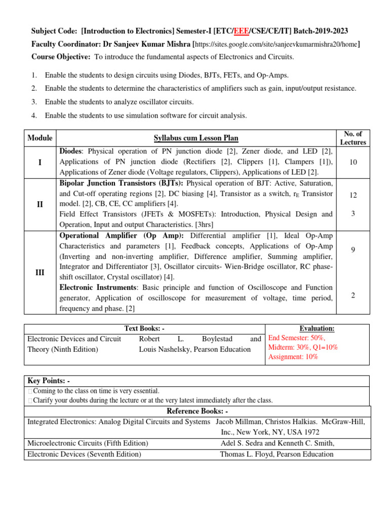 Handout (EEE - B Tech 2nd Sem-Electronics) | PDF | Amplifier | Operational Amplifier