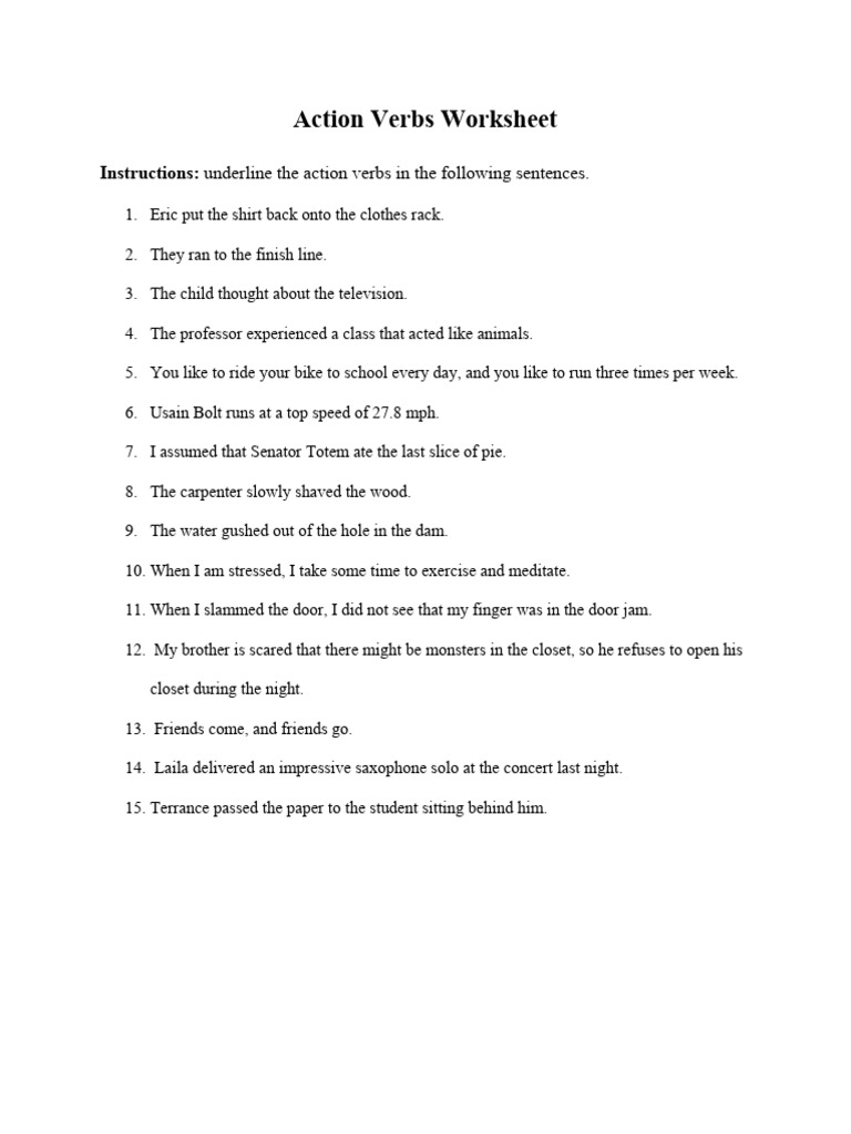 Action Verb Worksheet and Key | PDF | Language Arts & Discipline | Home ...
