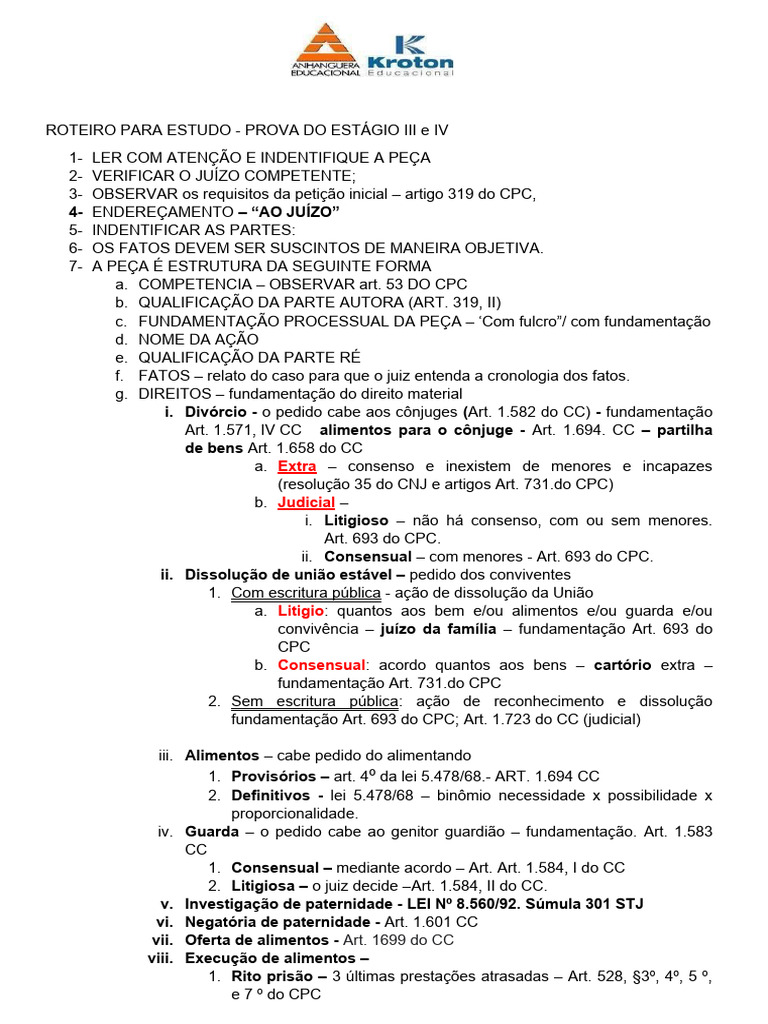 Roteiro Prova de Estágio Direito | PDF | Divórcio | Queixa