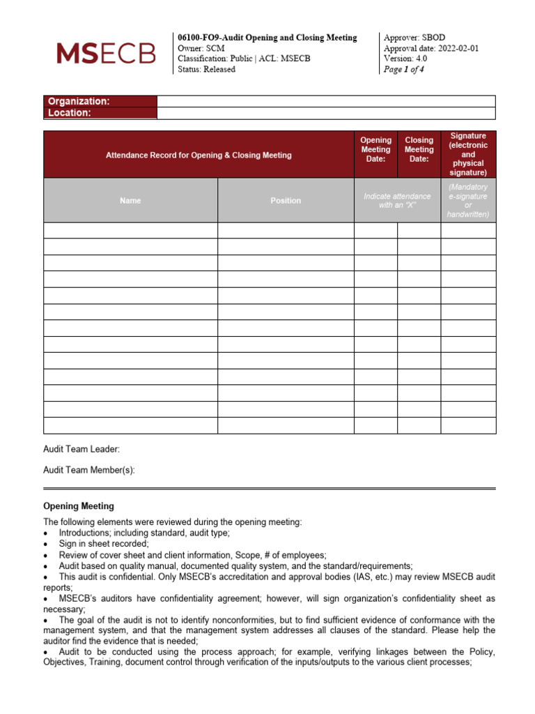 FO9 Audit Opening and Closing Meeting - v4.0 | PDF | Audit | Business