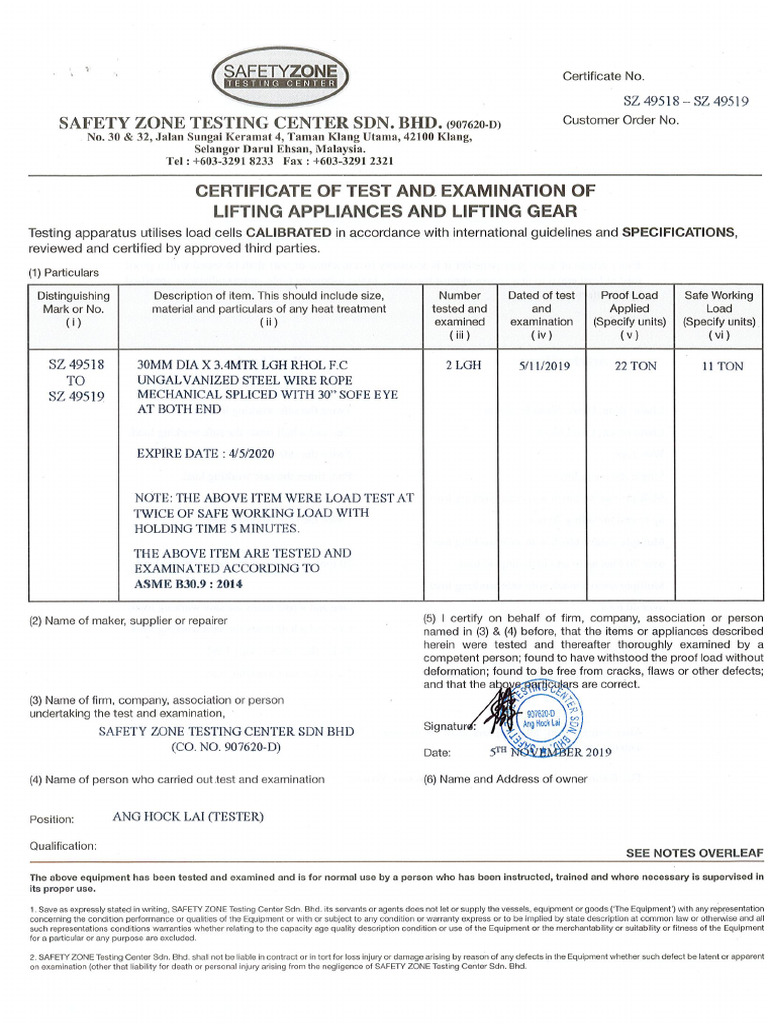 Certificate of Test - Steel Wire Ropes | PDF