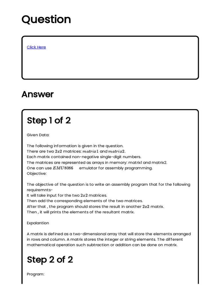 Answer Step 1 of 2: Click Here | PDF | Matrix (Mathematics) | Computer ...
