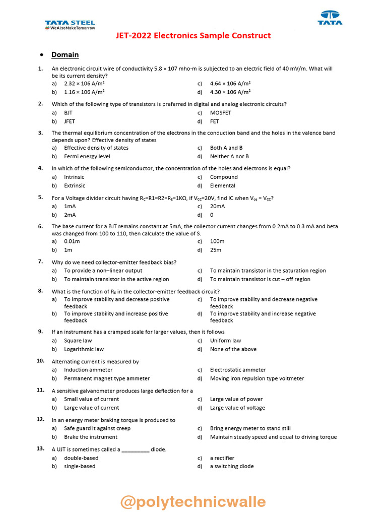 JET Sample Paper Electronics | Download Free PDF | Transistor | Optical ...