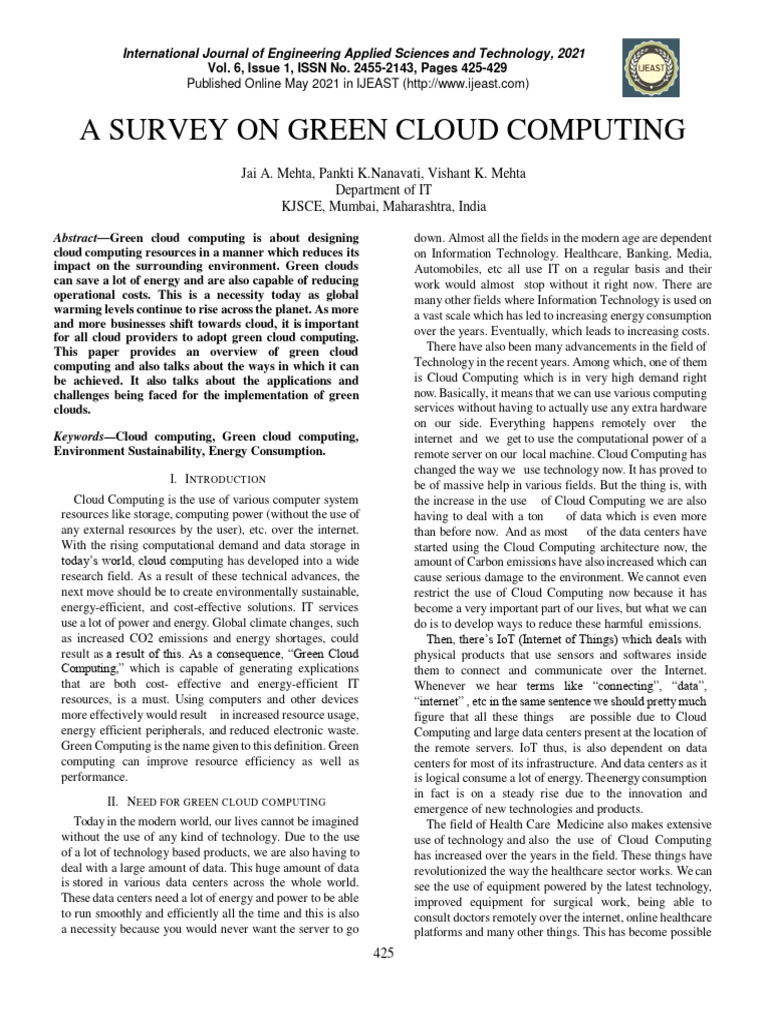 A Survey On Green Cloud Computing | PDF | Data Center | Cloud Computing
