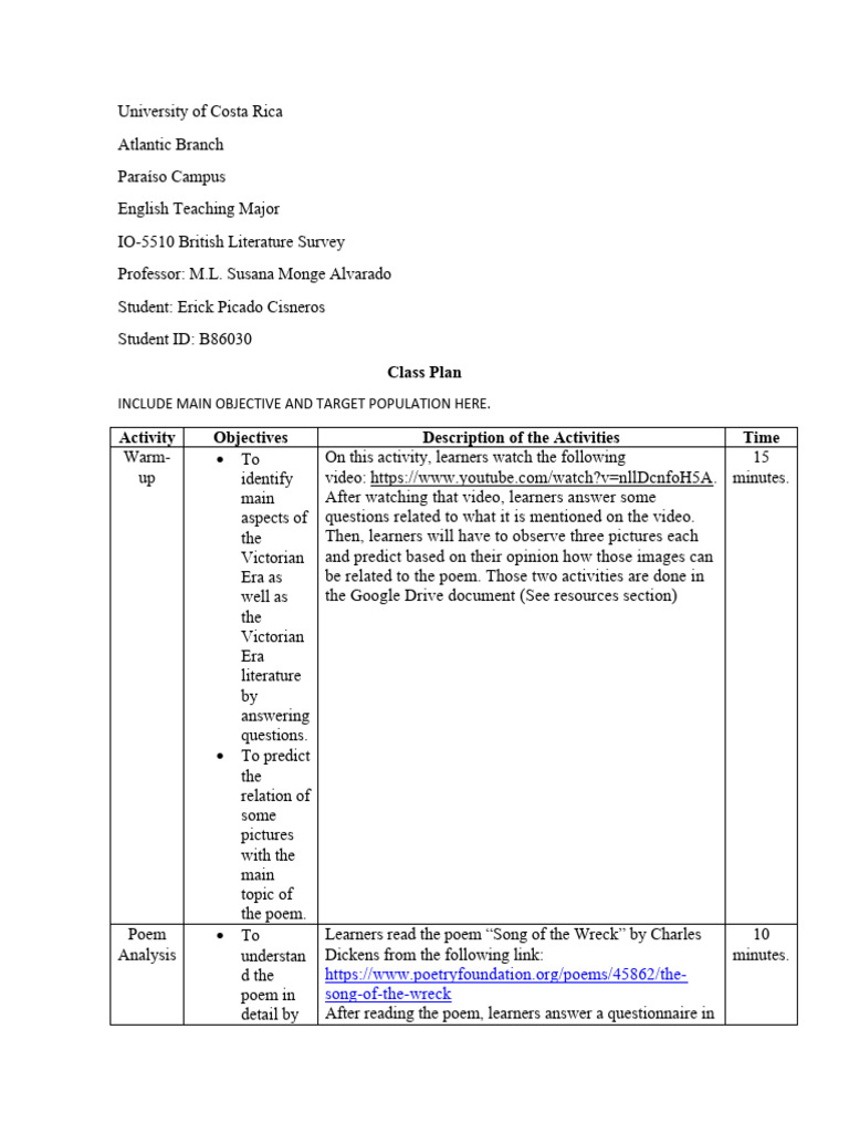 Class Plan British Literature Erick Picado | PDF