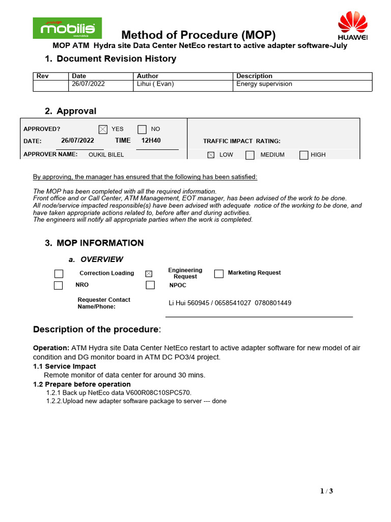MOP ATM Hydra Site Data Center NetEco Restart To Active Adapter Softwar ...