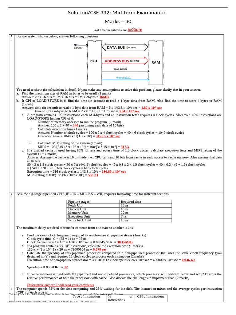 Solution CSE332 Sec 5 MT Fall2021 1 | PDF | Central Processing Unit | Cpu Cache