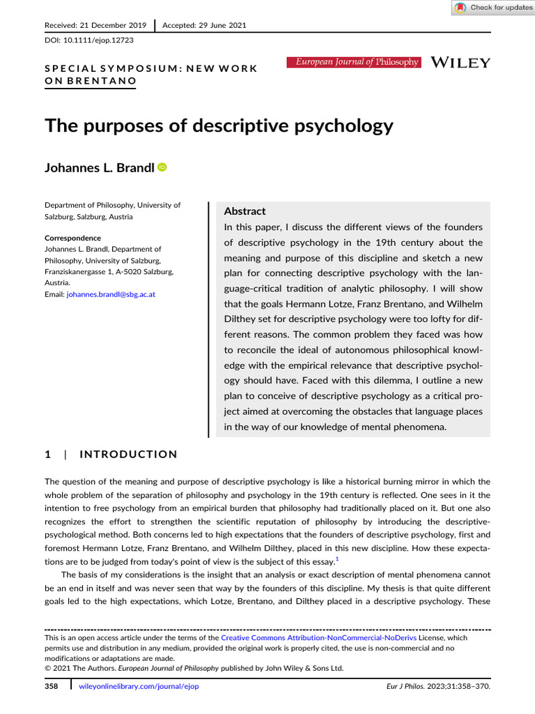 European J of Philosophy - 2021 - Brandl - The Purposes of Descriptive ...