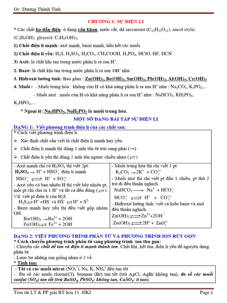Tom Tat Ly Thuyet & PP Giai BT Hoa 11 - Hki | PDF